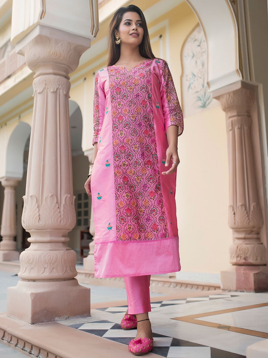 Pink Chanderi Silk Kurti with Pant – Thogai Threads