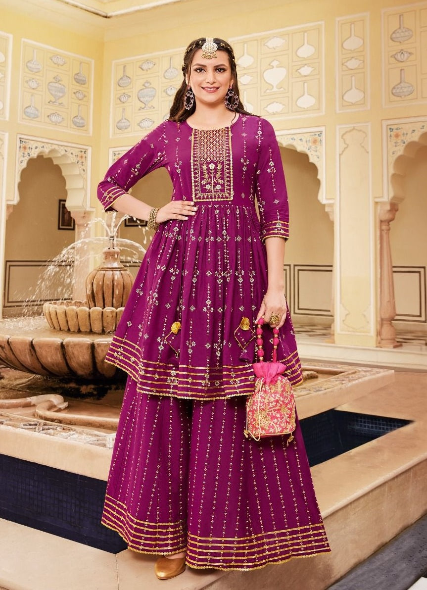 Magenta Cotton Foil Print Kurti with Sharara – Thogai Threads