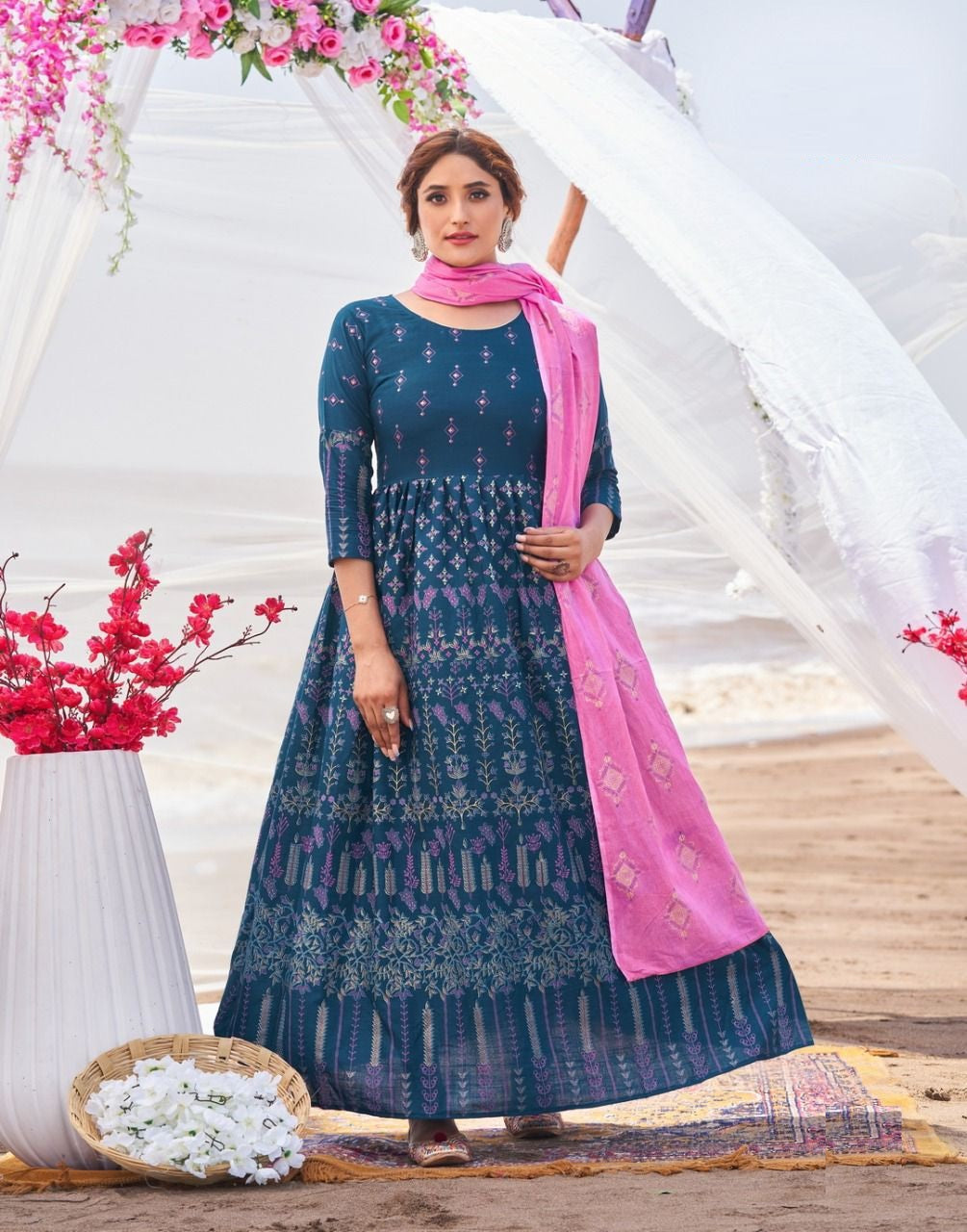 Blue Pink Burgundy Kurti with Dupatta – Thogai Threads